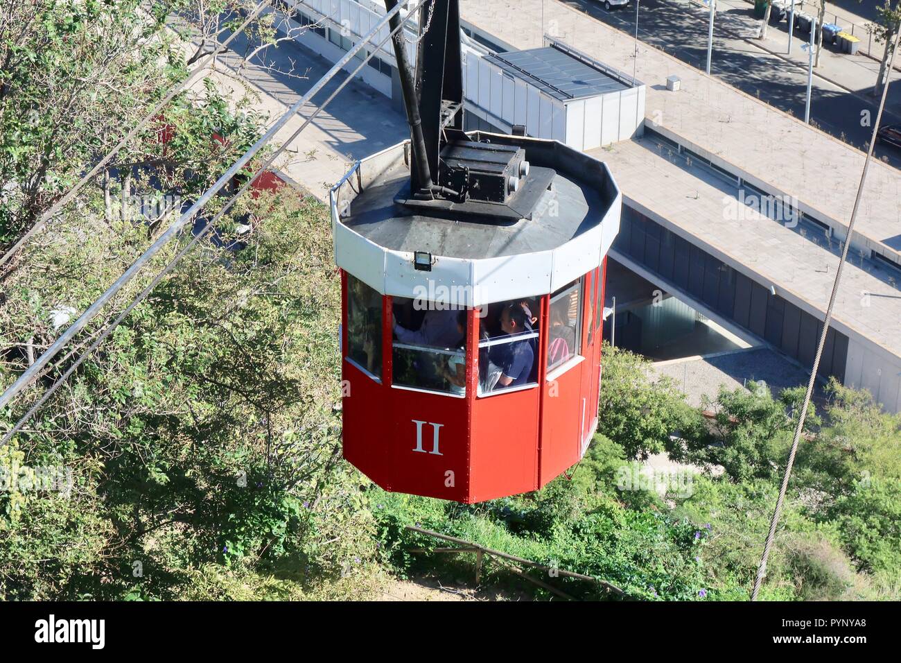 A port cable car arriving at Mont Juic Barcelona, Spain, October 2018 ...