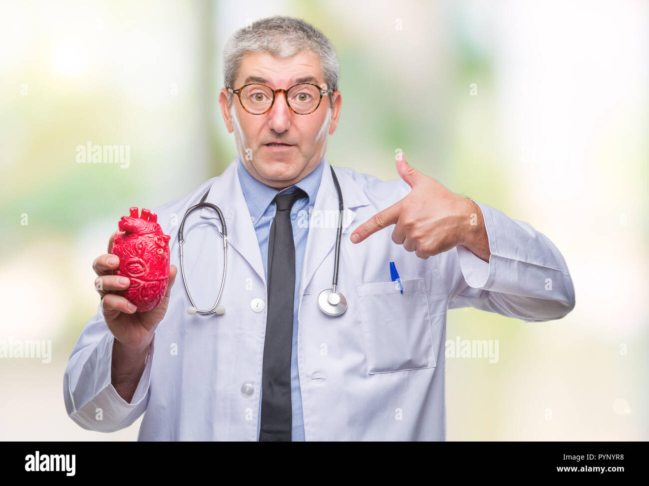 Handsome senior cardiologist doctor man holding heart over isolated ...