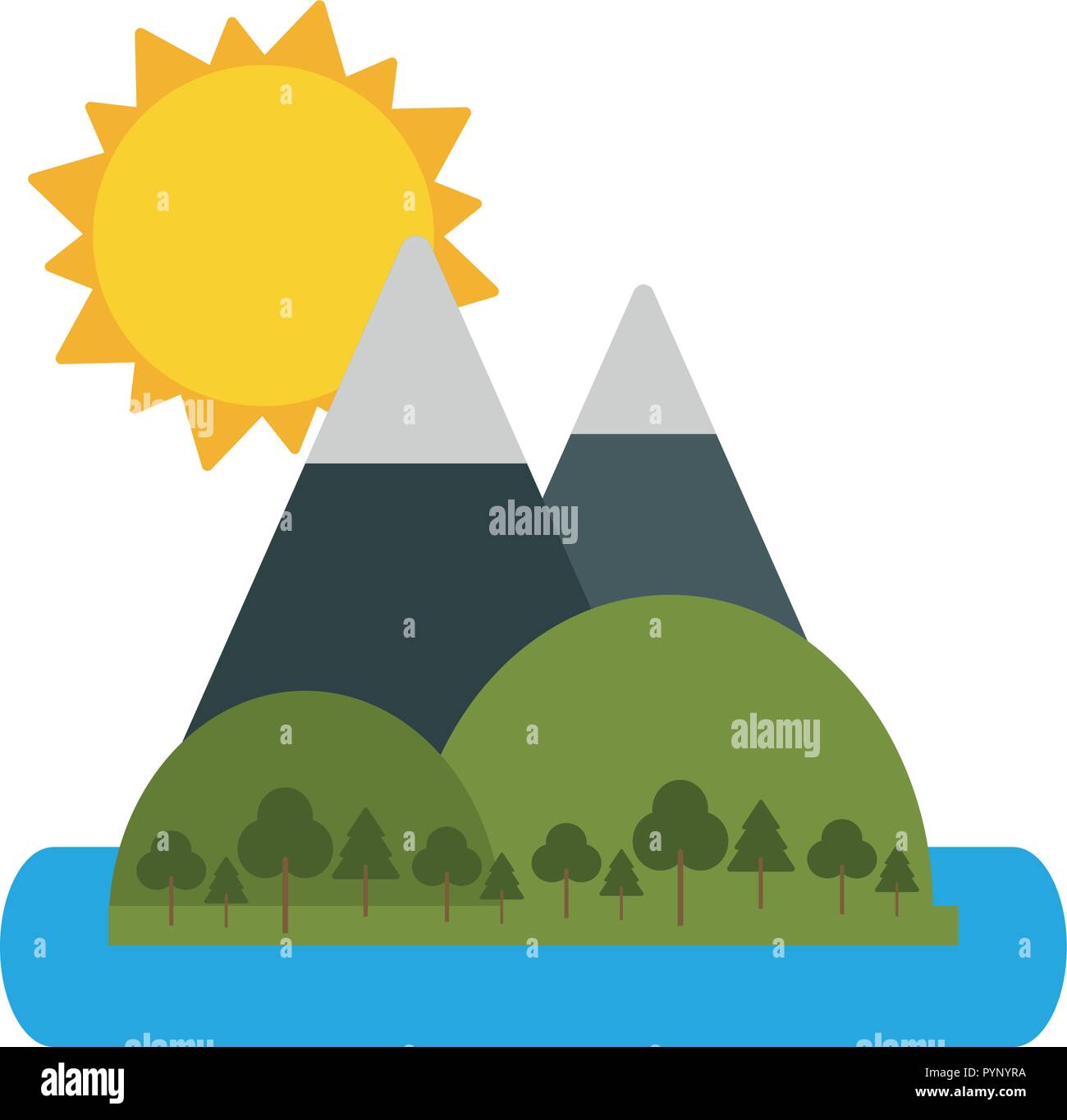 Mountains and sun landscape cartoon vector illustration graphic design ...