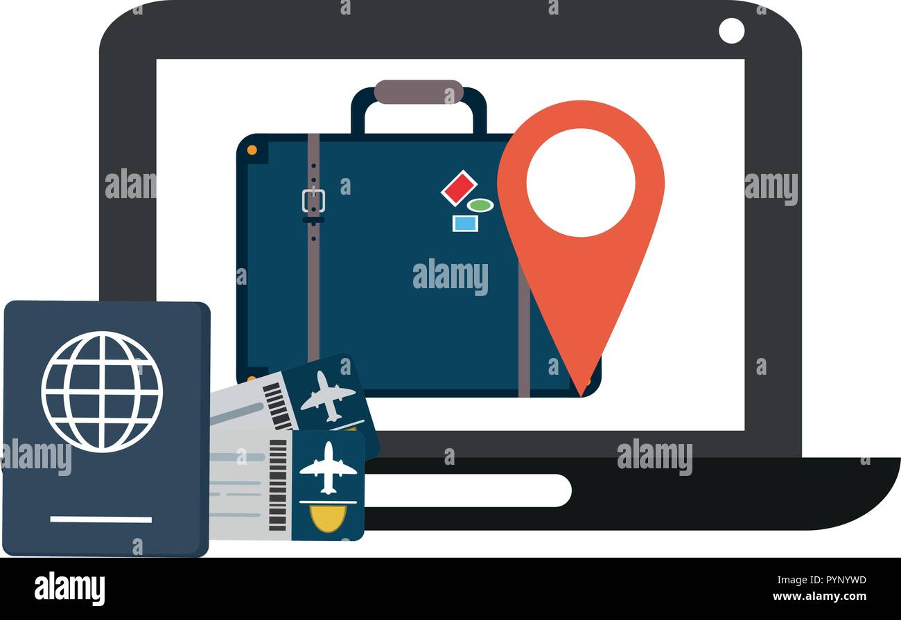 Travel and technology laptop with luggage on screen and flight tickets ...
