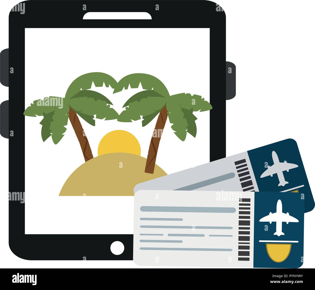 Travel and technology tablet with beach on screen and flight tickets ...