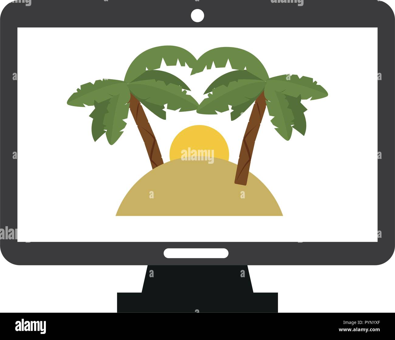 Travel and technology computer with beach on screen vector illustration ...