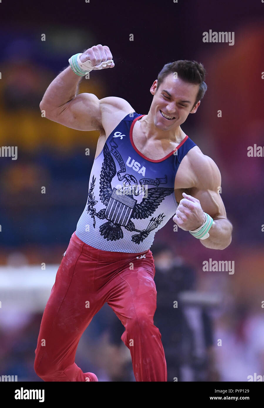 Doha, Katar. 29th Oct, 2018. Samuel Mikulak (USA) cheers, jubilation ...