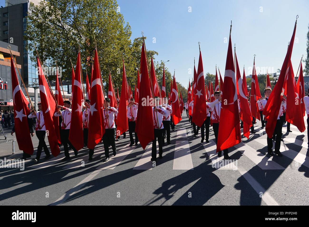 Ankara, Turkey. 29th Oct, 2018. Turkish people march during a parade to ...