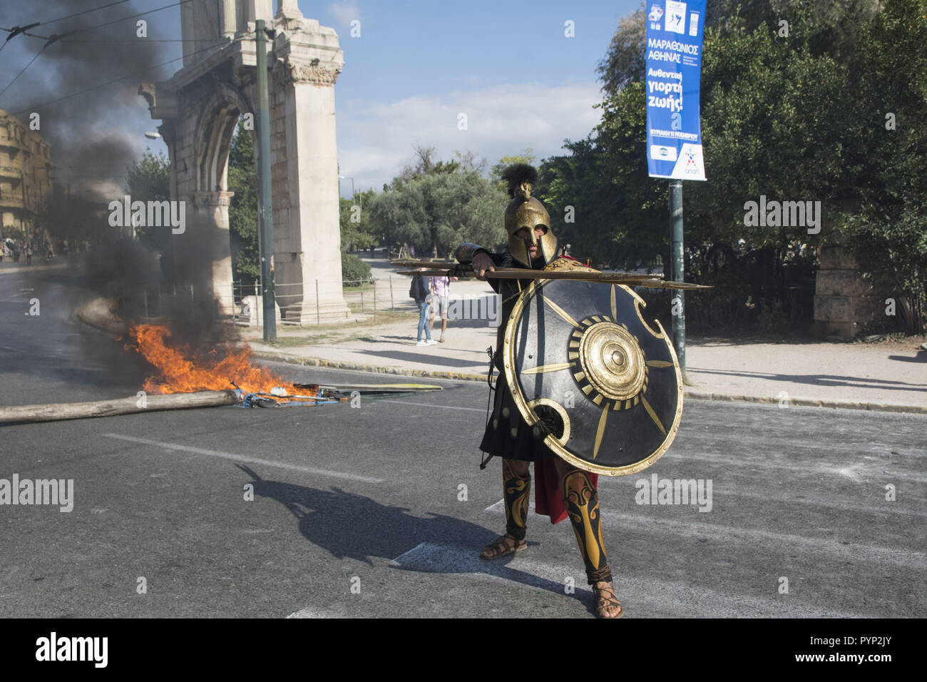October 29, 2018 - Athens, Greece - A protester dressed as an ancient ...