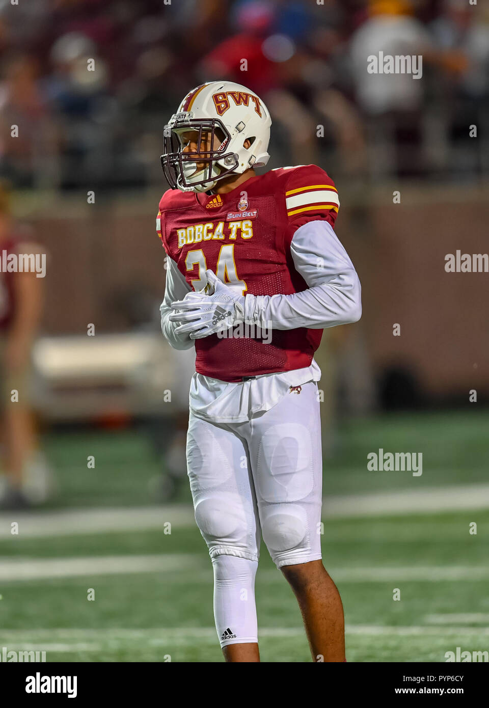 October 27, 2018 San Marcos, TX...Texas State running back, Caleb ...