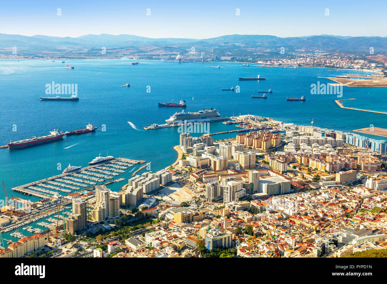 High view over Gibraltar harbour with a cruise liner berthed at Western ...