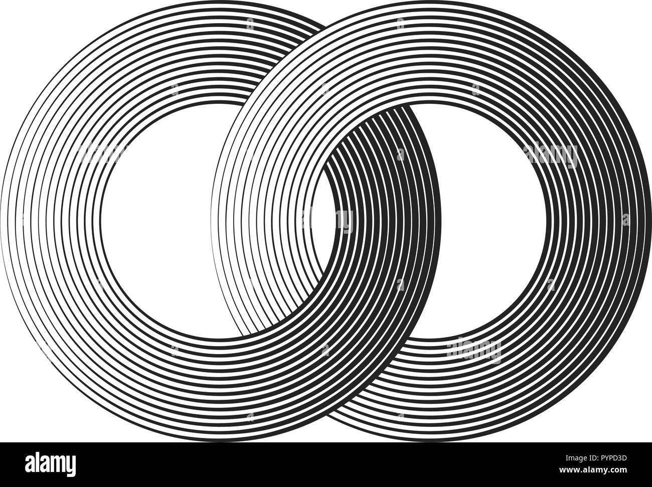 black concentric lines with different thickness that makes a two intersected rings. abstract ...