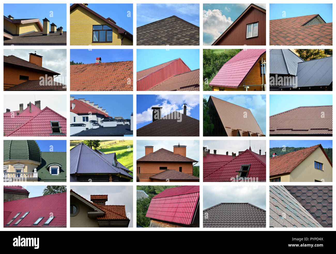 A collage of many pictures with fragments of various types of roofing ...
