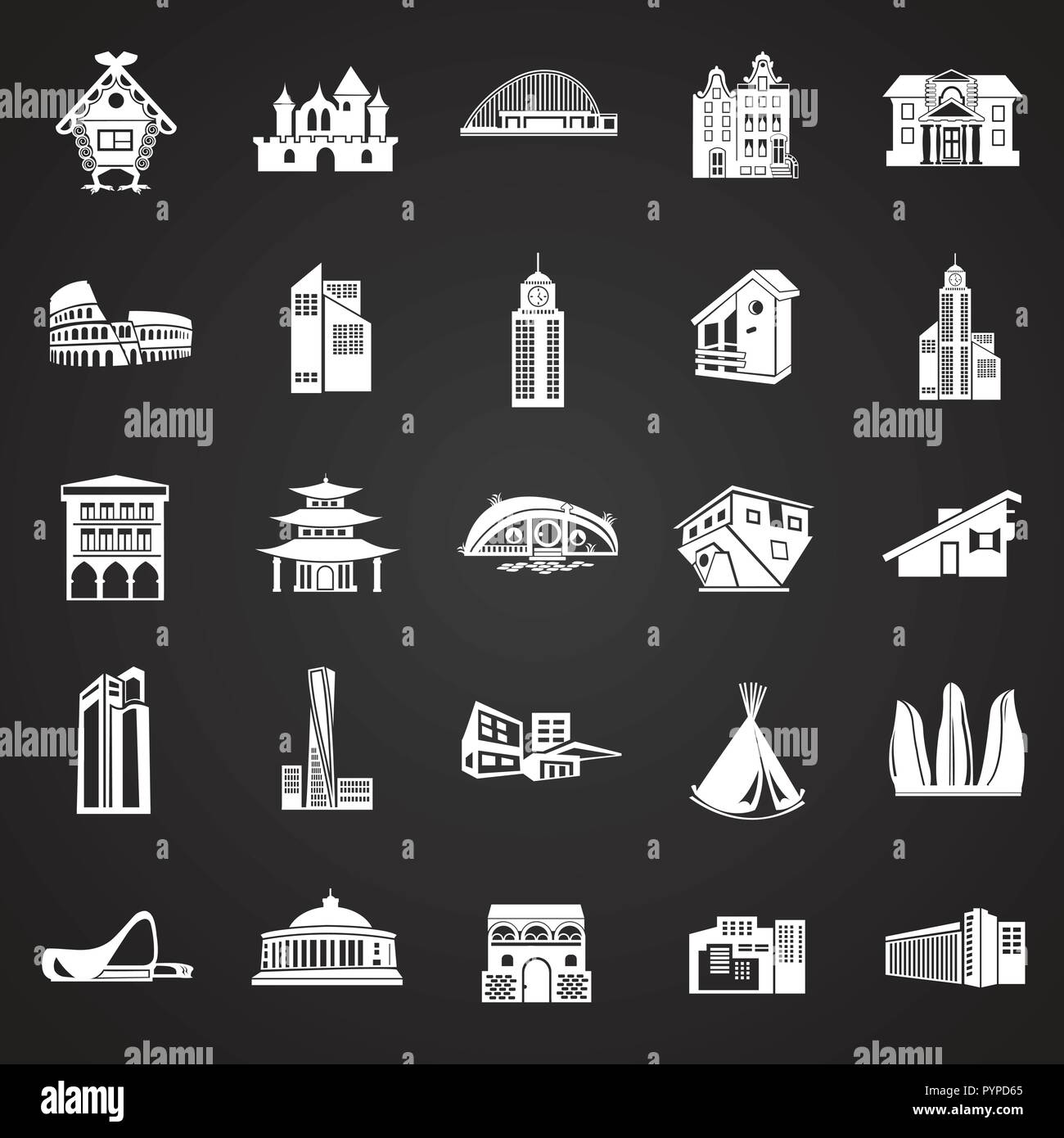 Modern and old buildings set on black background icons Stock Vector ...