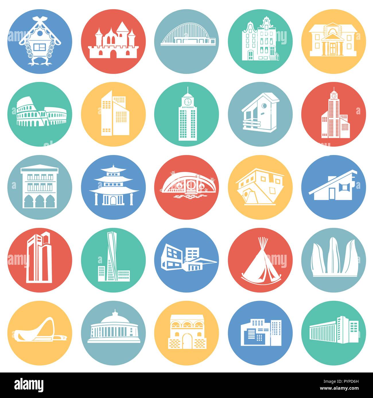 Modern and old buildings set on color circles background icons Stock ...
