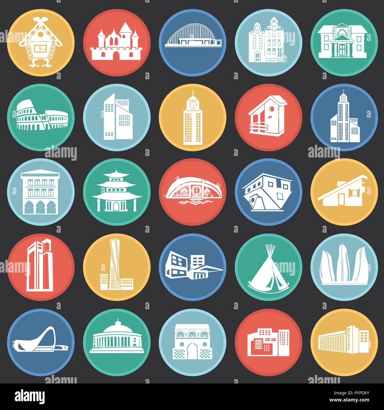Modern and old buildings set on color circles black background icons ...