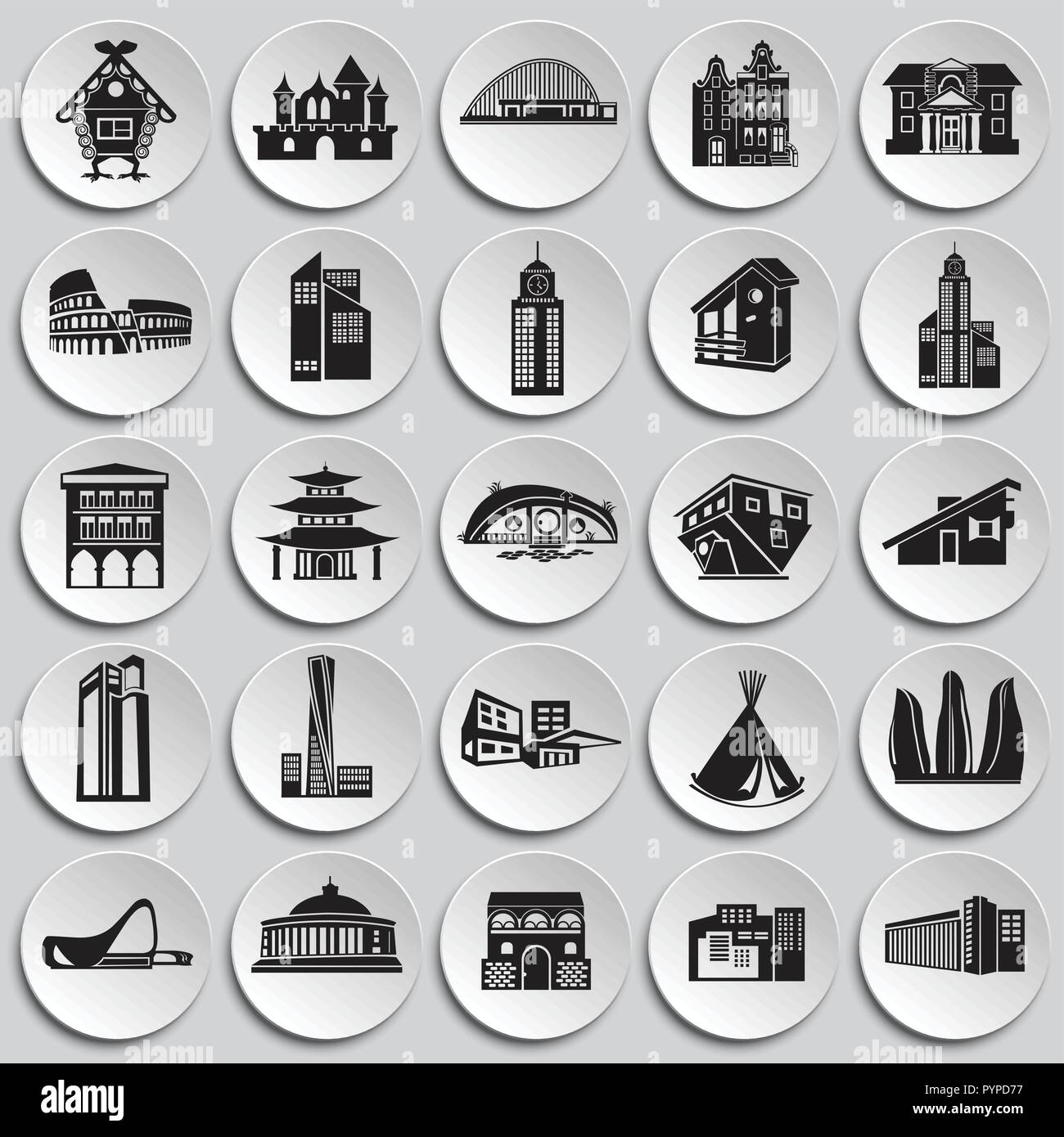 Modern and old buildings set on plates background icons Stock Vector ...
