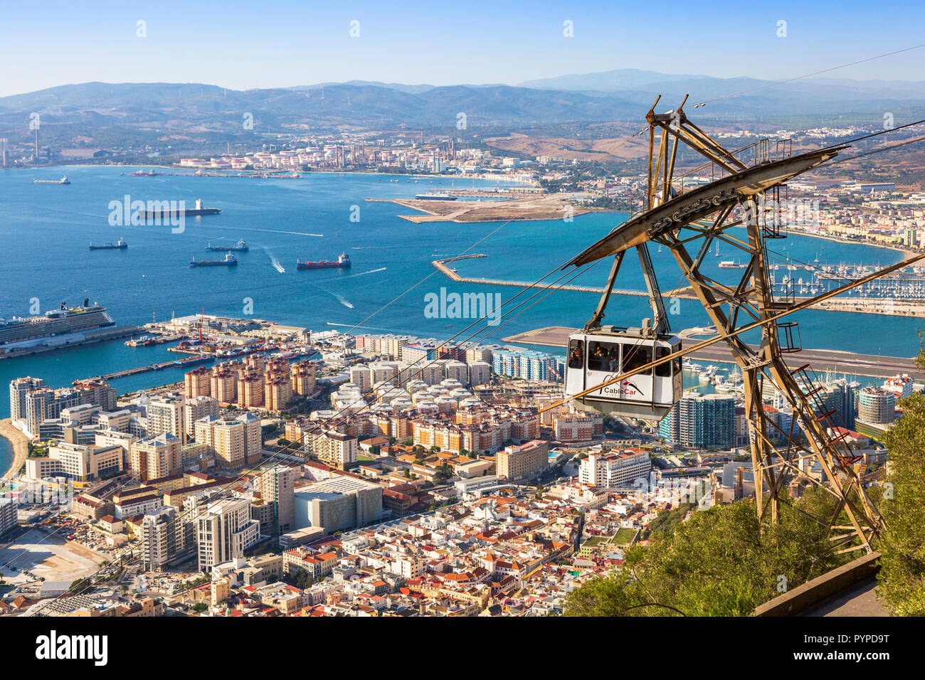 View over the Bay of Gibraltar from the Rock of Gibraltar showing the ...