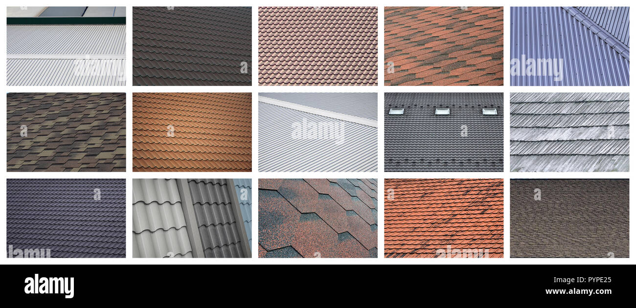 A collage of many pictures with fragments of various types of roofing ...