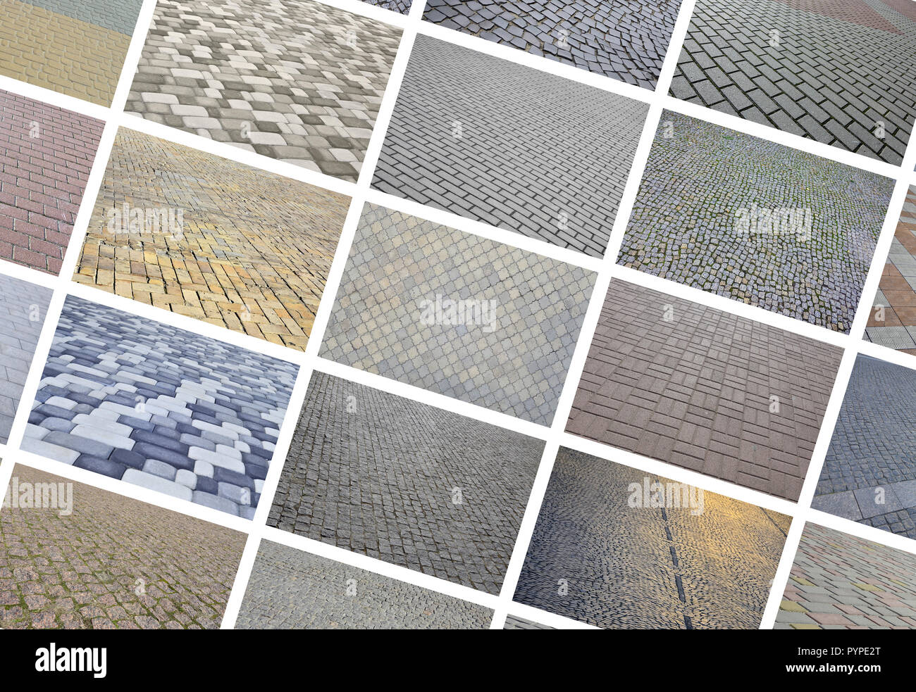A collage of many pictures with fragments of paving tiles close-up. Set ...