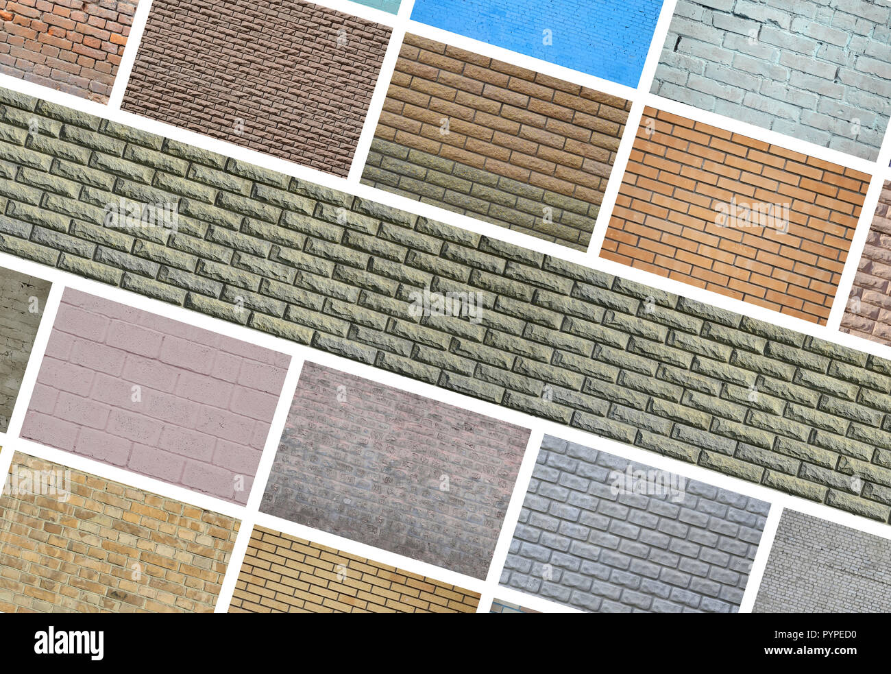 A collage of many pictures with fragments of brick walls of different ...