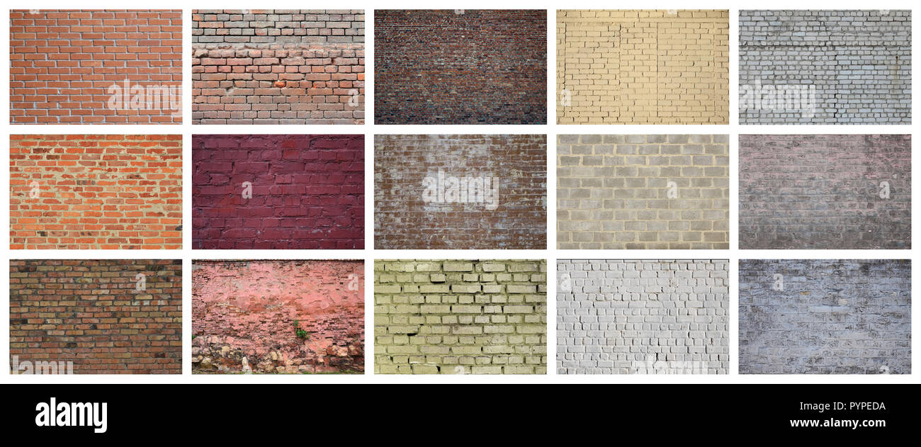 A collage of many pictures with fragments of brick walls of different ...