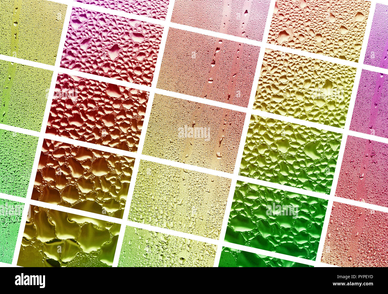 A collage of many different fragments of glass, decorated with rain ...