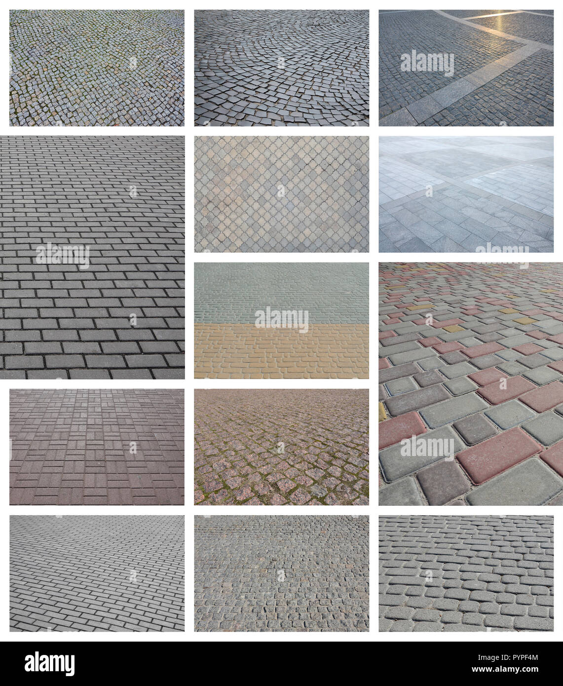 A collage of many pictures with fragments of paving tiles close-up. Set ...