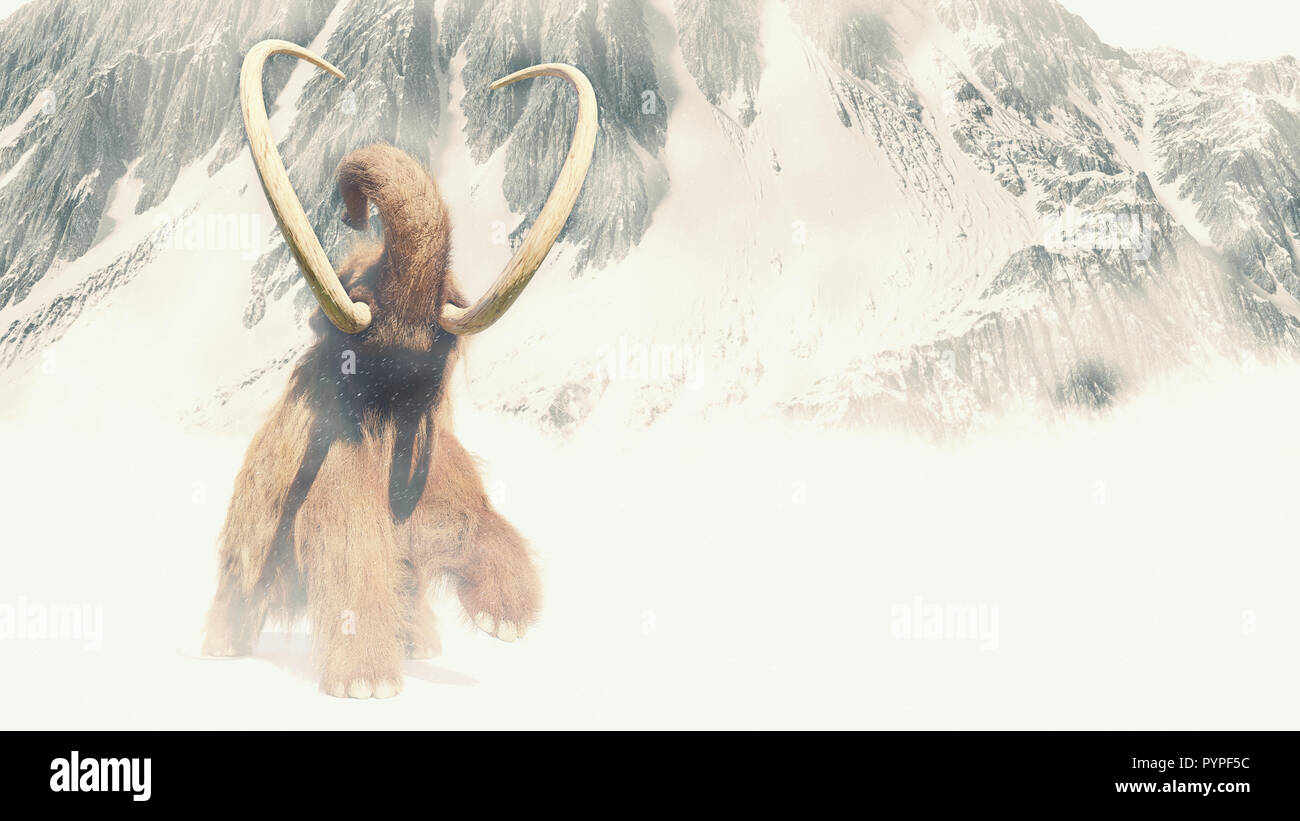 woolly mammoth in a snow storm, prehistoric mammal in ice age landscape ...