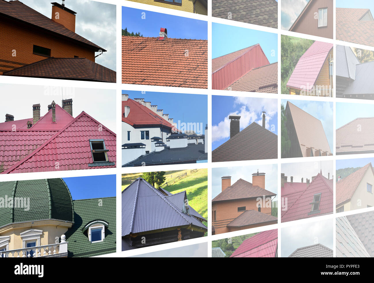A collage of many pictures with fragments of various types of roofing ...