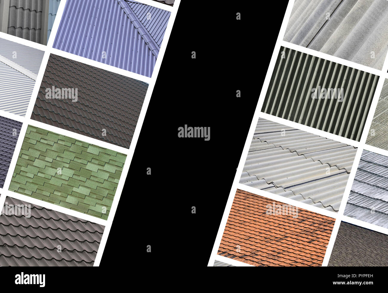 A collage of many pictures with fragments of various types of roofing ...