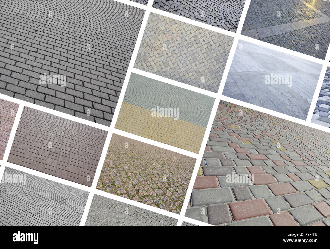 A collage of many pictures with fragments of paving tiles close-up. Set ...