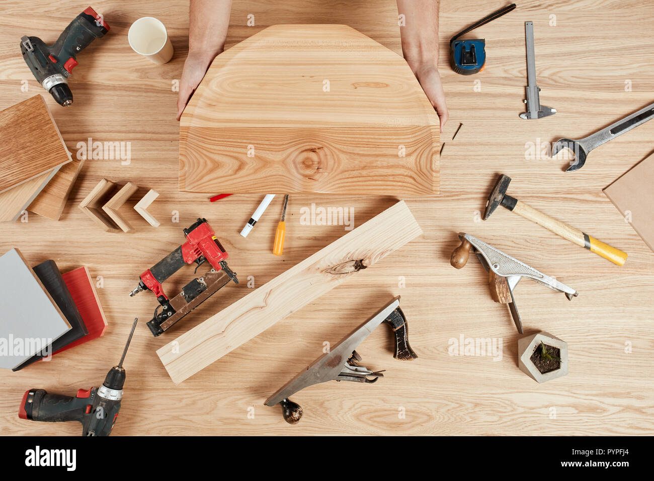 Set of carpenter's tools on wooden background Stock Photo - Alamy