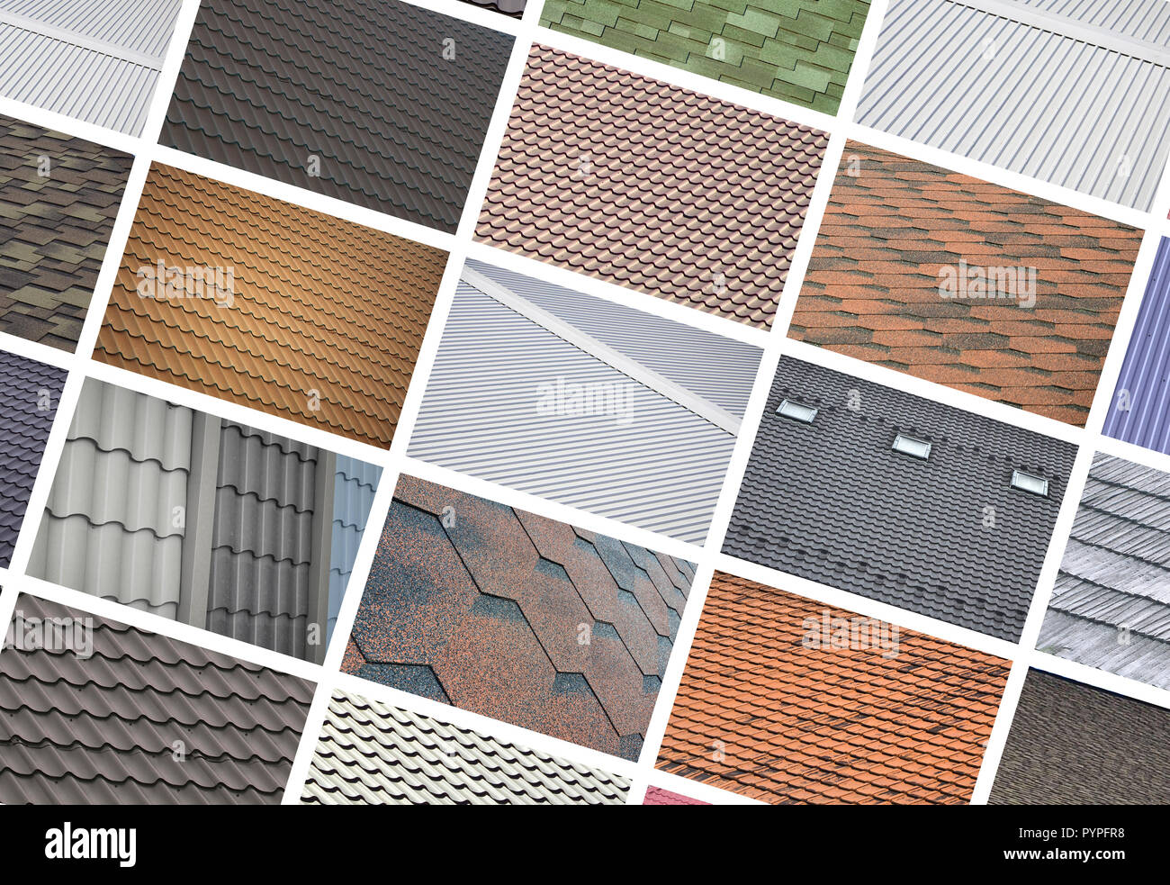 A collage of many pictures with fragments of various types of roofing ...