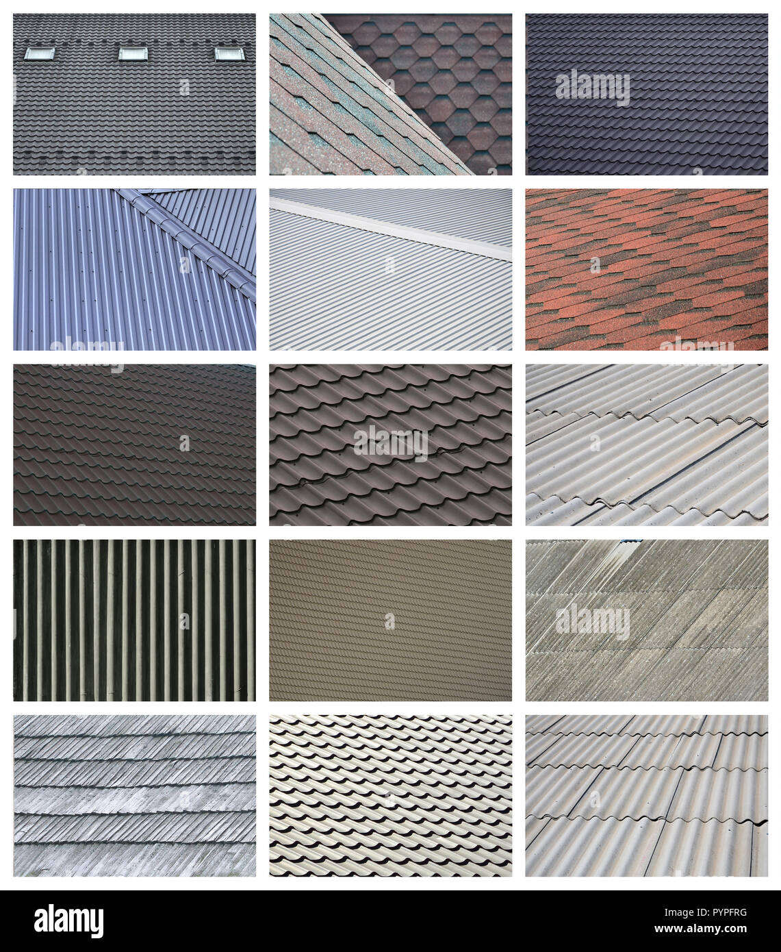 A collage of many pictures with fragments of various types of roofing ...