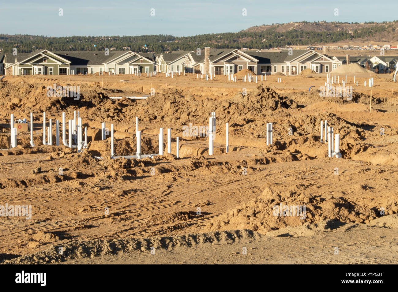 Foundation work at new housing development showing all of the sewer and ...