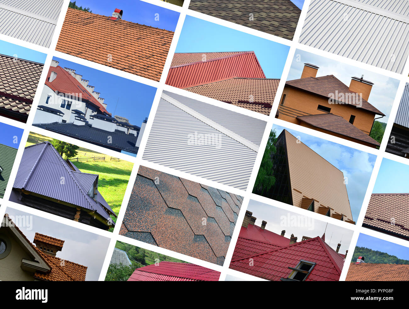 A collage of many pictures with fragments of various types of roofing ...
