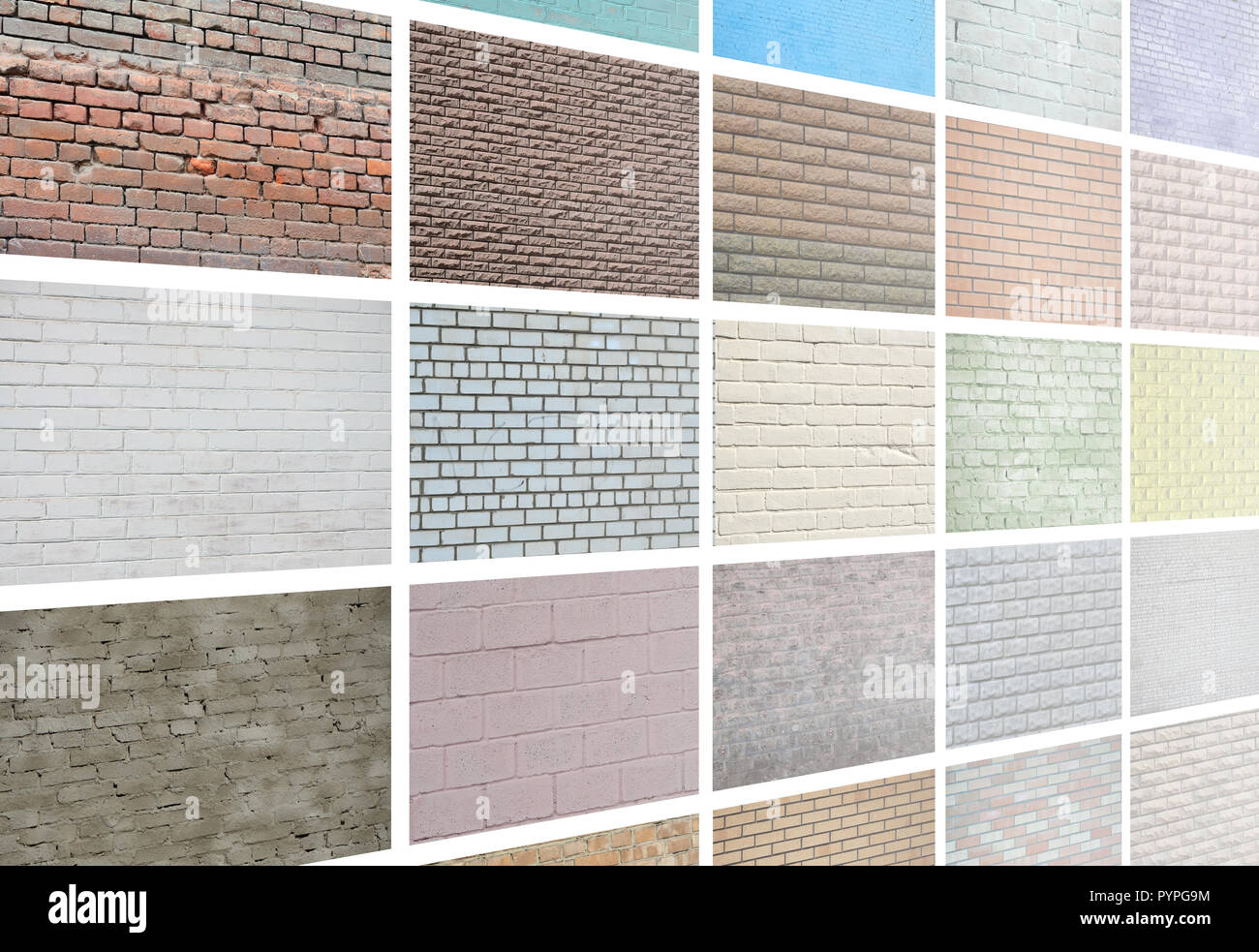 A collage of many pictures with fragments of brick walls of different ...
