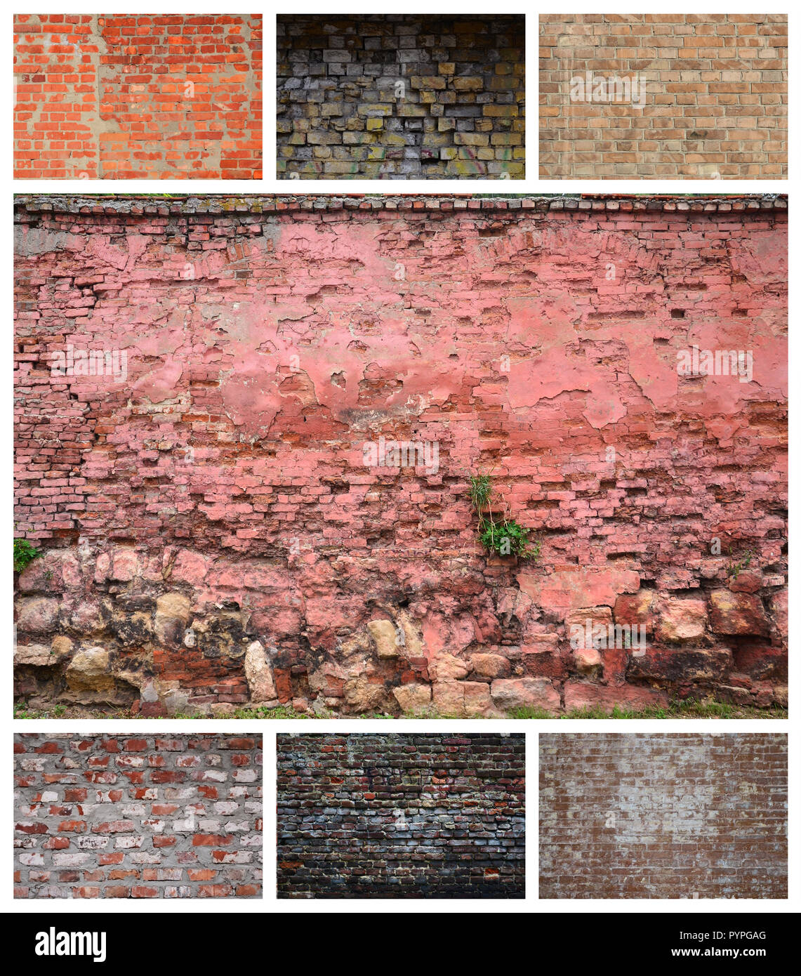 A collage of many pictures with fragments of brick walls of different ...
