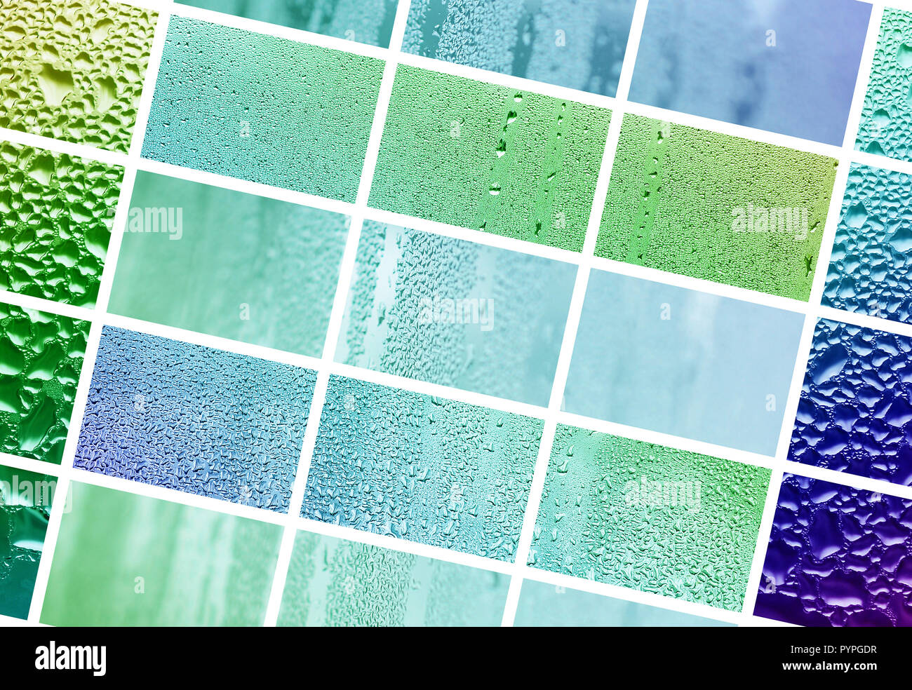 A collage of many different fragments of glass, decorated with rain ...