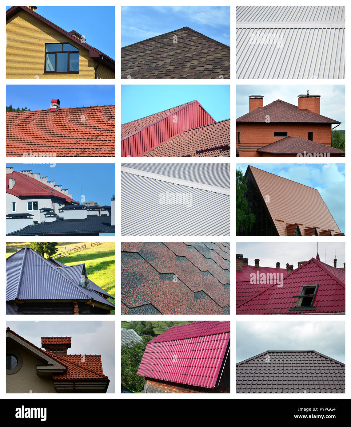 A collage of many pictures with fragments of various types of roofing ...