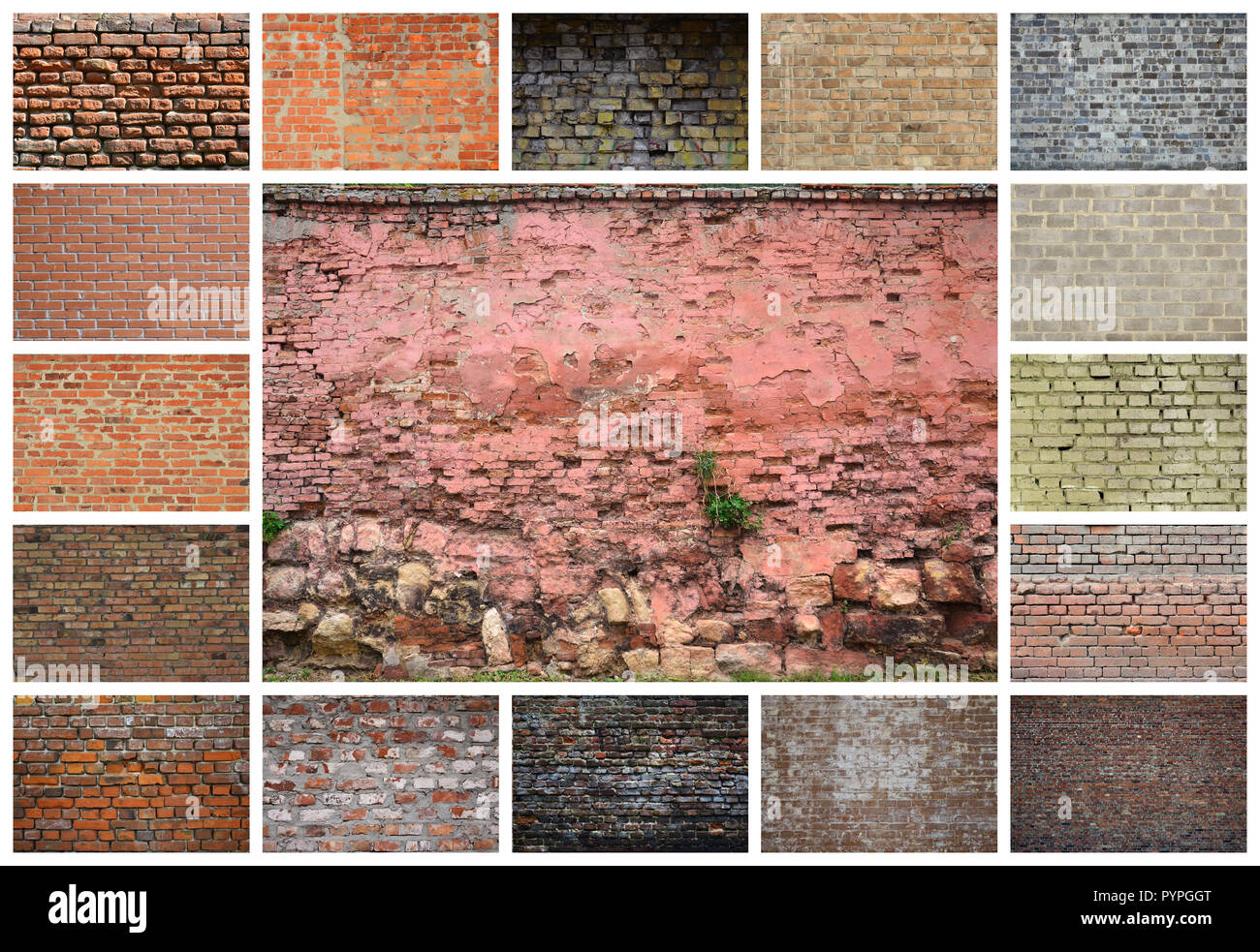 A collage of many pictures with fragments of brick walls of different ...