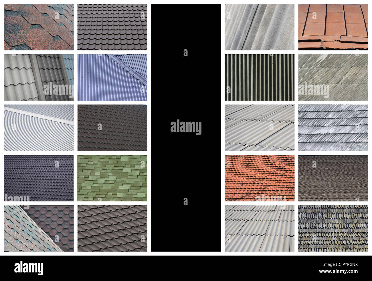 A collage of many pictures with fragments of various types of roofing ...