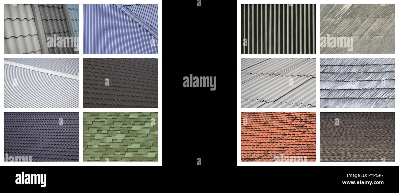A collage of many pictures with fragments of various types of roofing ...