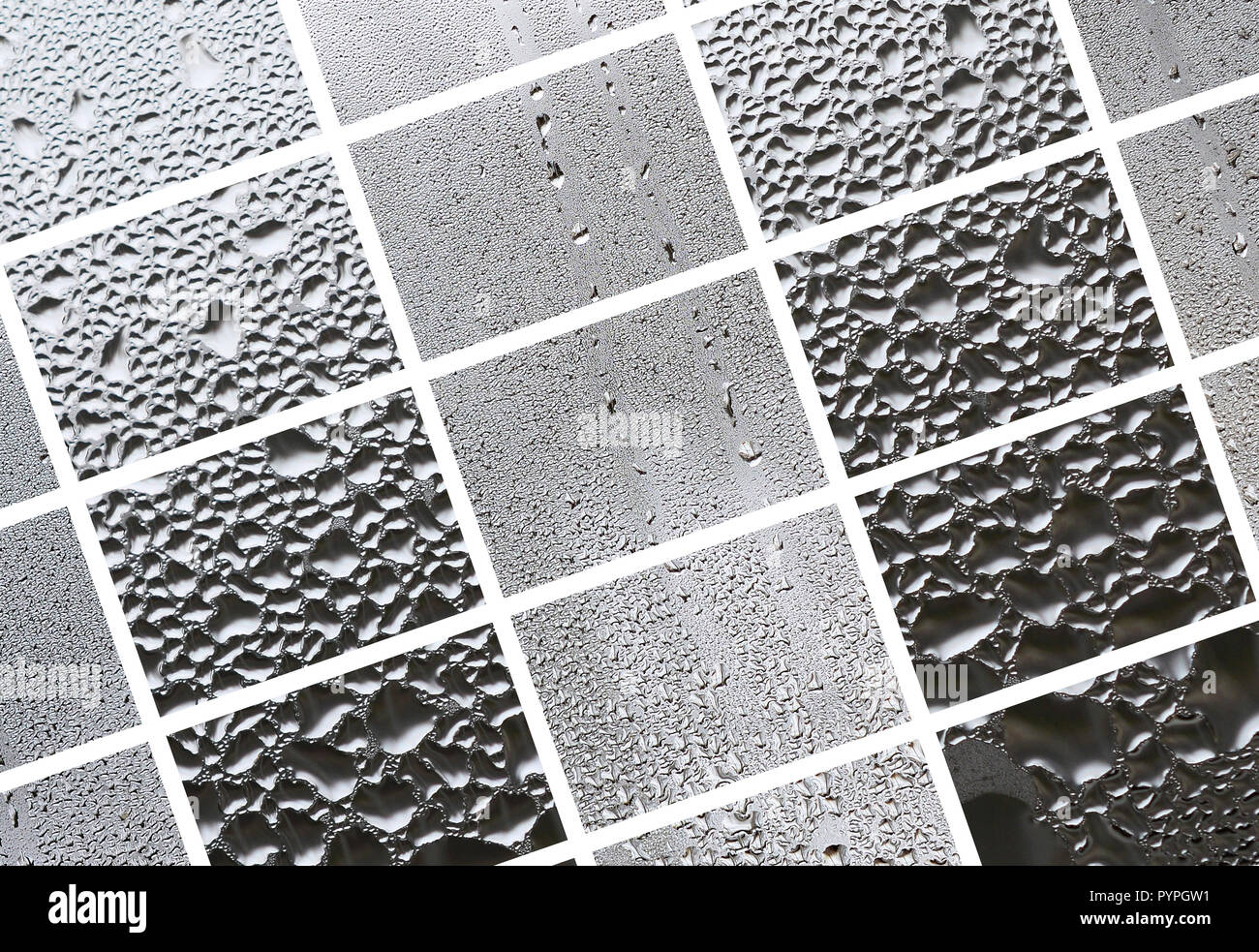 A collage of many different fragments of glass, decorated with rain ...