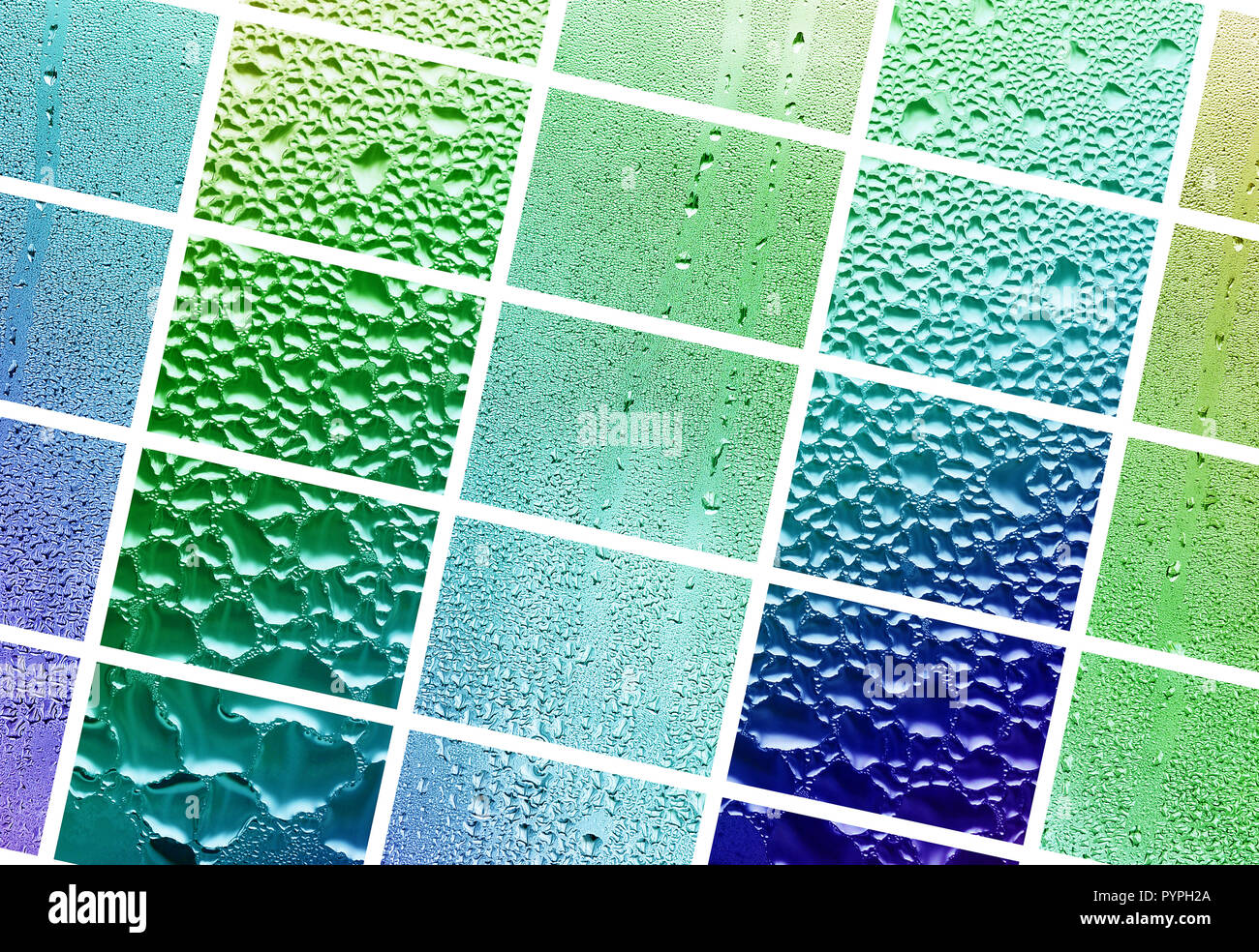 A collage of many different fragments of glass, decorated with rain ...