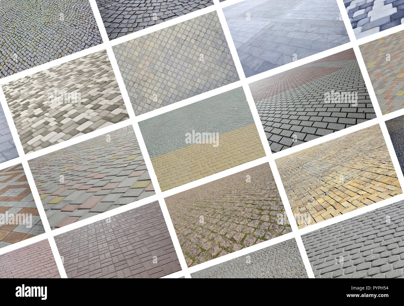 A collage of many pictures with fragments of paving tiles close-up. Set ...
