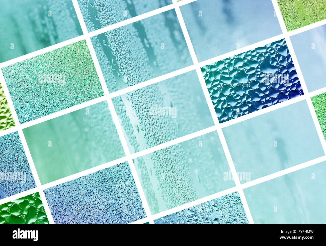 A collage of many different fragments of glass, decorated with rain ...