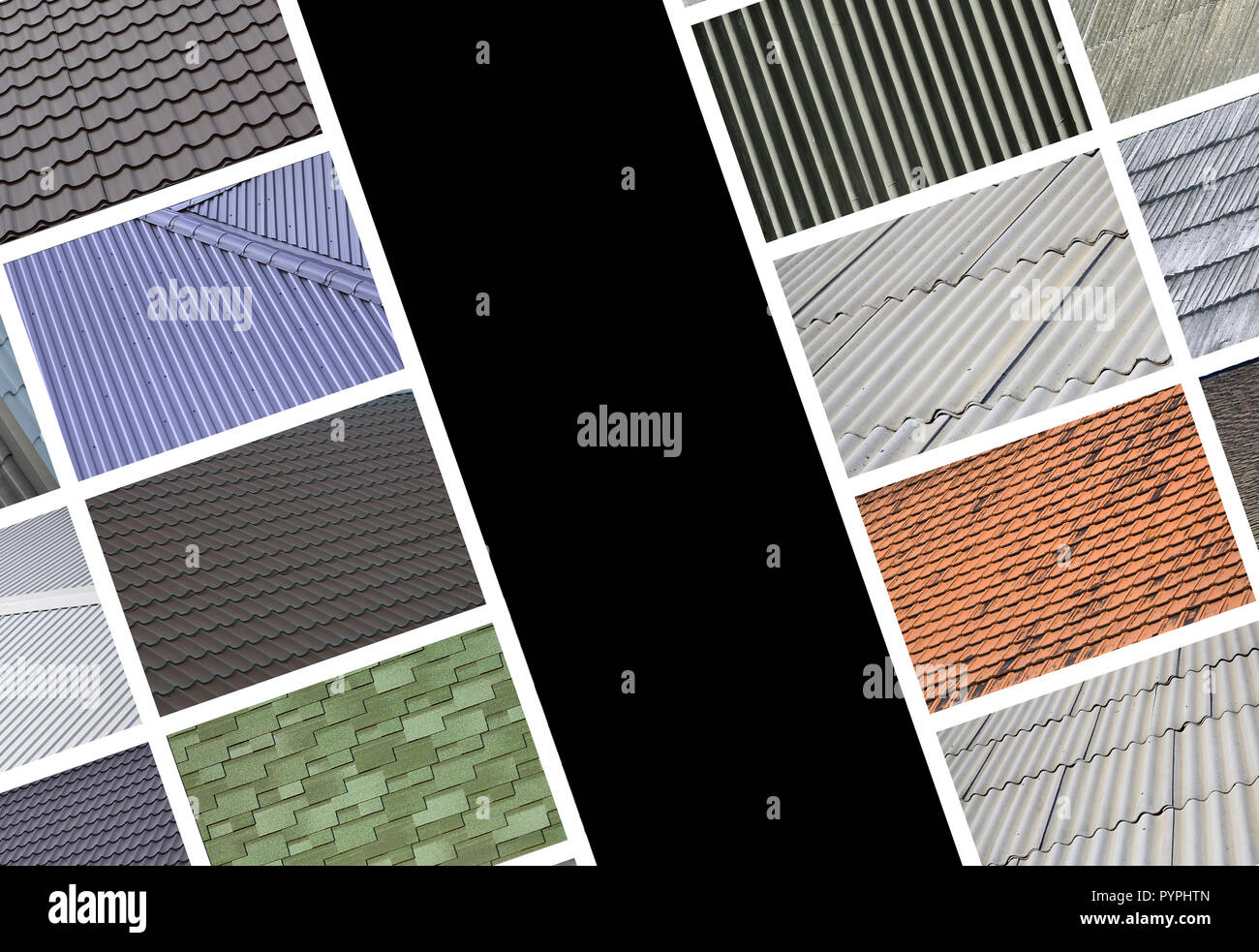 A collage of many pictures with fragments of various types of roofing ...