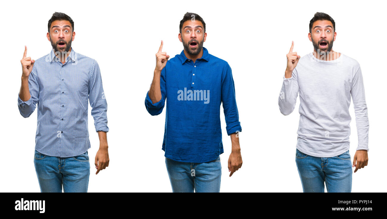 Collage of handsome young indian man over isolated background pointing ...
