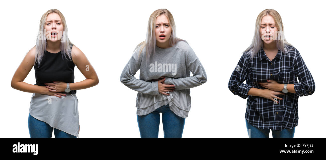 Collage of beautiful blonde young woman over isolated background with ...