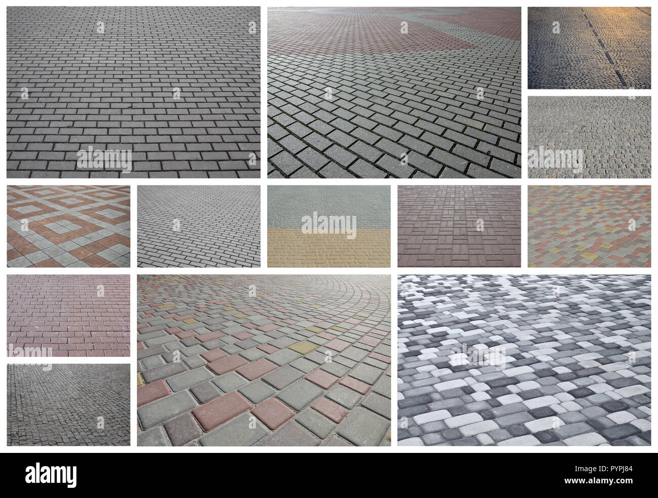A collage of many pictures with fragments of paving tiles close-up. Set ...