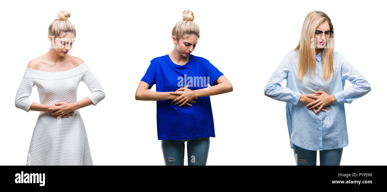 Collage of young beautiful blonde woman over isolated background with ...