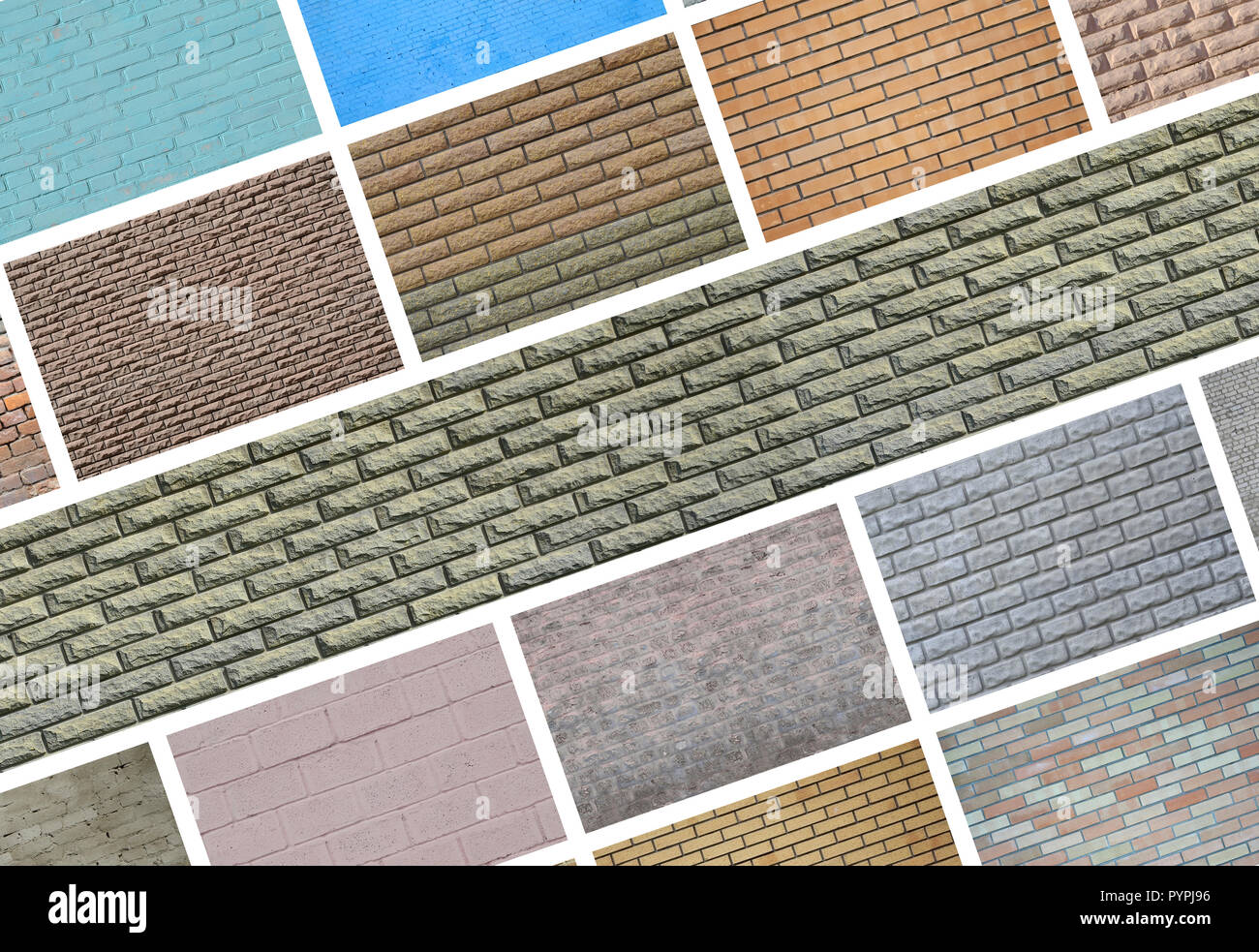 A collage of many pictures with fragments of brick walls of different ...